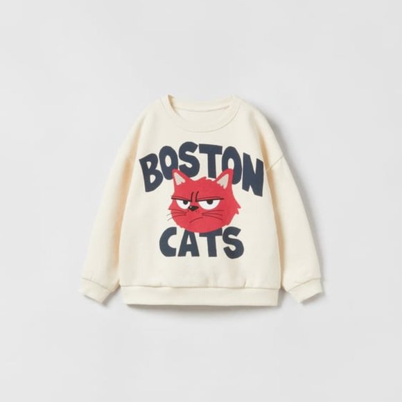 Zara | Shirts & Tops | Zara Boston Cats Sweatshirt Ecru Sz 69 Months ...